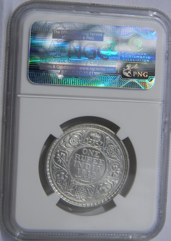 British India 1919C silver Rupee; Calcutta mint; NGC MS63