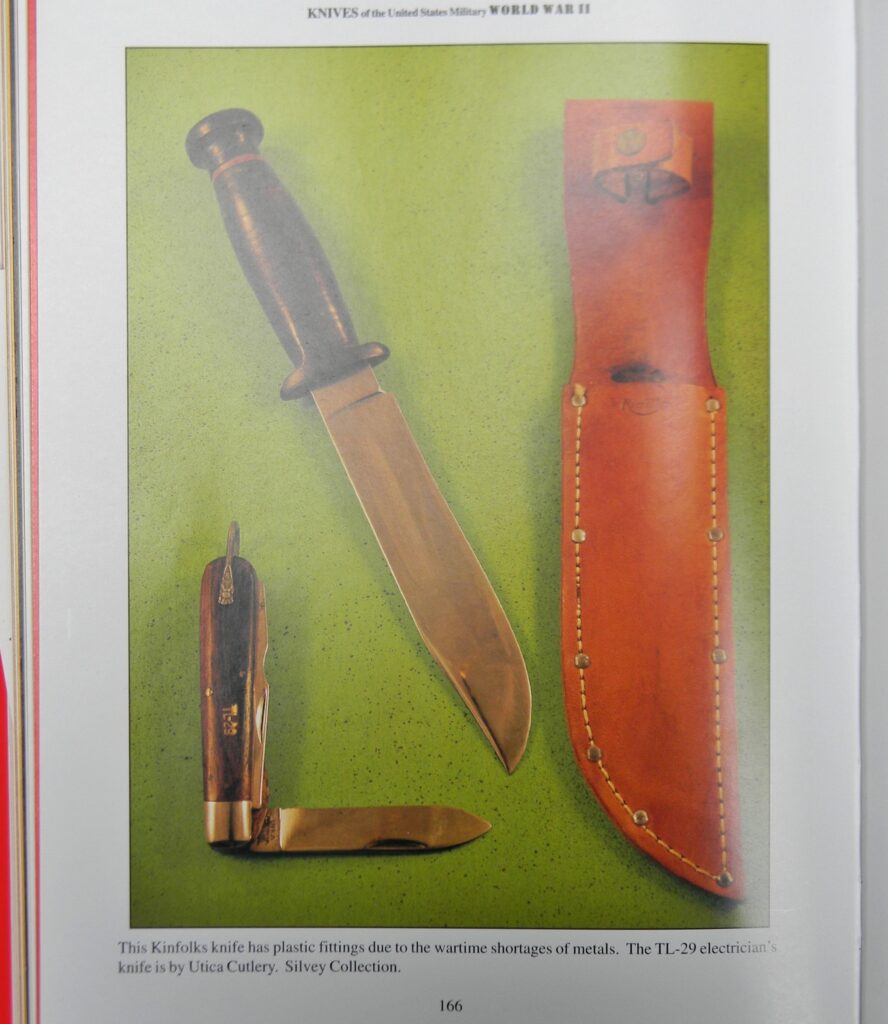 WW2 Kinfolks fighting knife, 5-inch blade, original leather scabbard