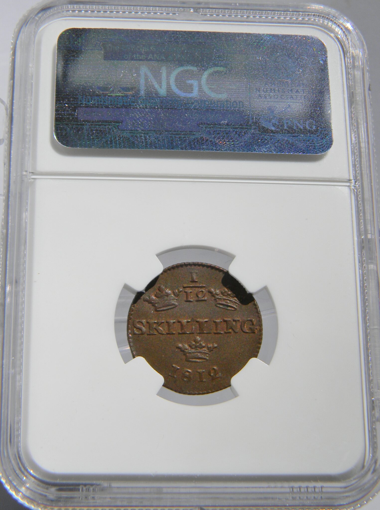 Sweden 1812 copper 1/12 Skilling; red-brown NGC-graded MS63BN