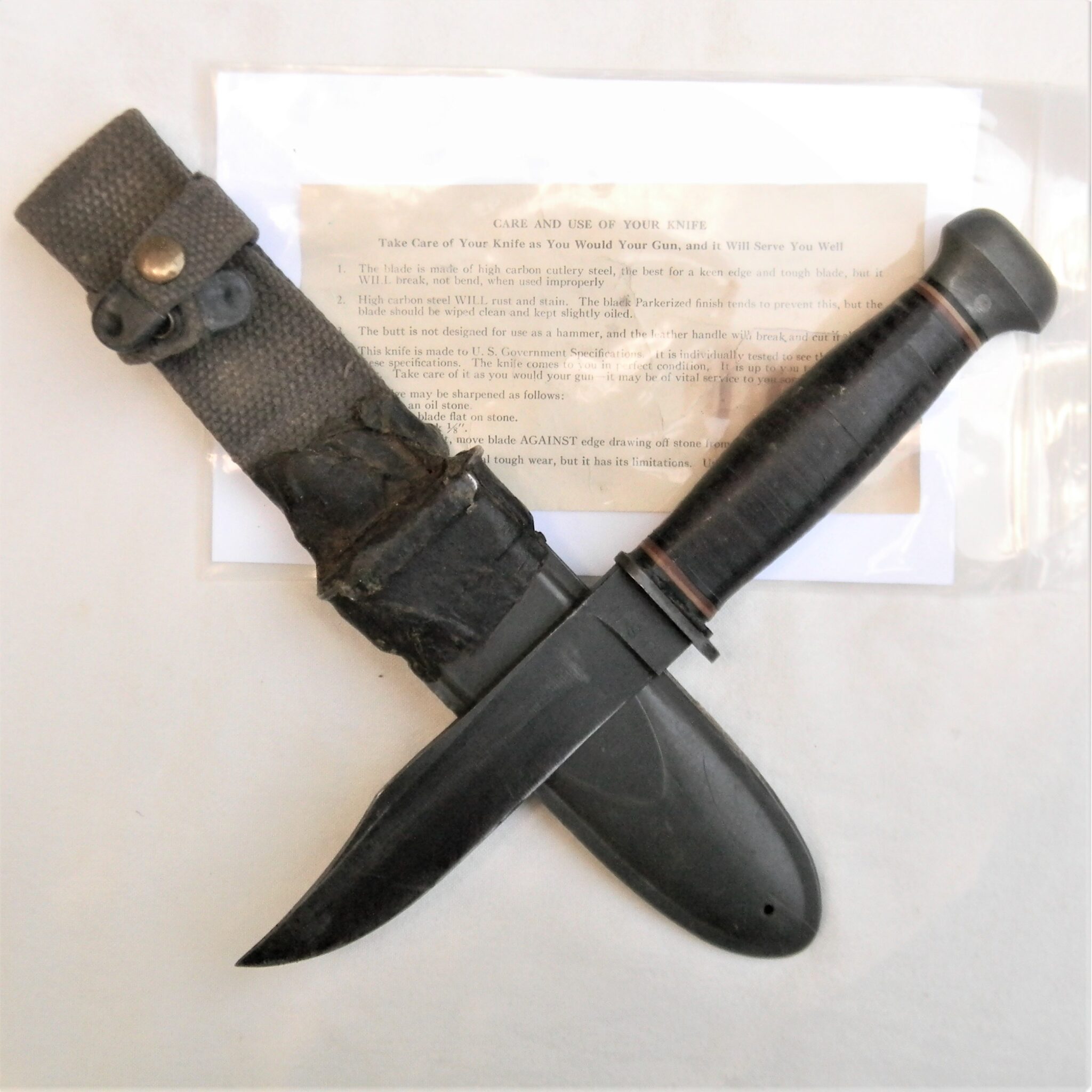 WW2 PAL MK1 RH35 Fighting Knife, orig mummy wrapped scabbard