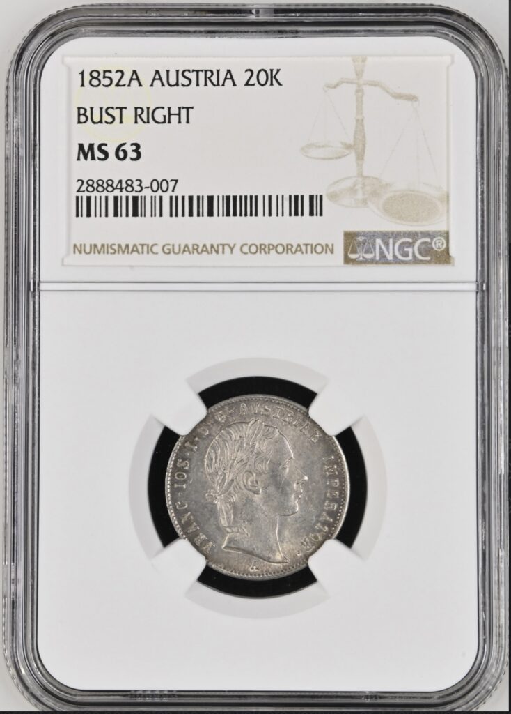 Austria 1852A silver 20 Kreuzer; NGC-graded MS63 - rare this nice