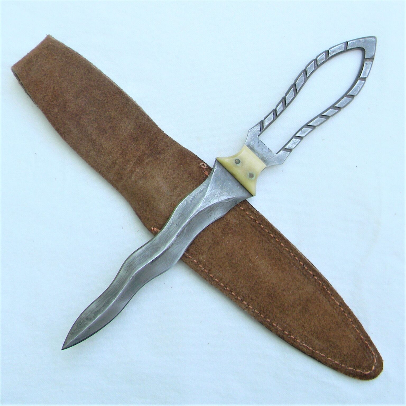 Custom-made Damascus Kris blade dagger, orig sheath; UNUSED