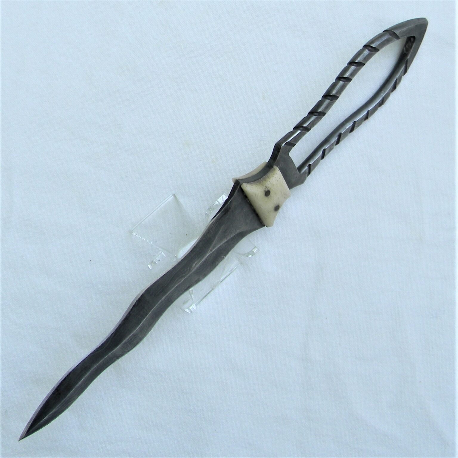Custom-made Damascus Kris blade dagger, orig sheath; UNUSED