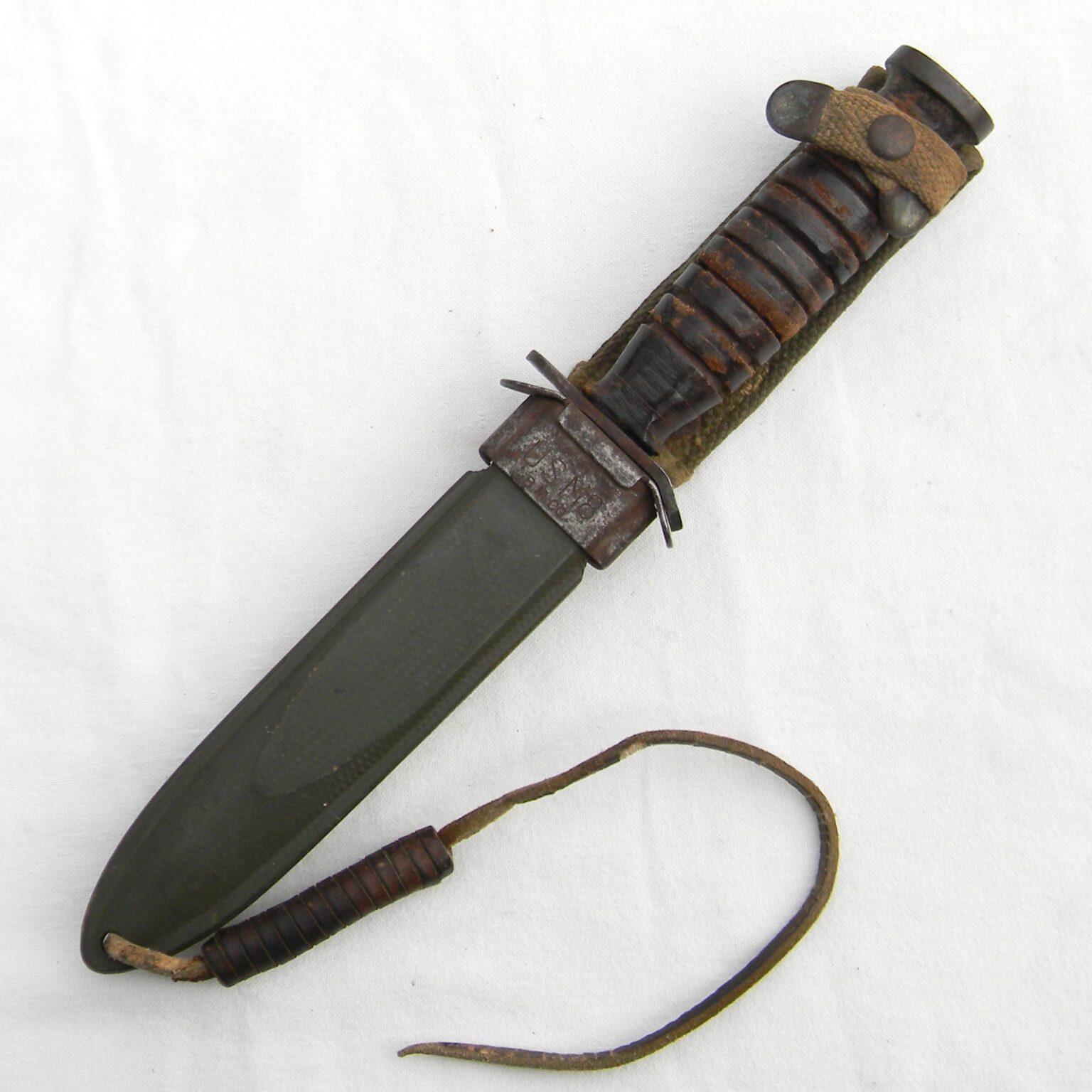 WW2 Utica M3 fighting knife blade-marked, signed M8 scabbard