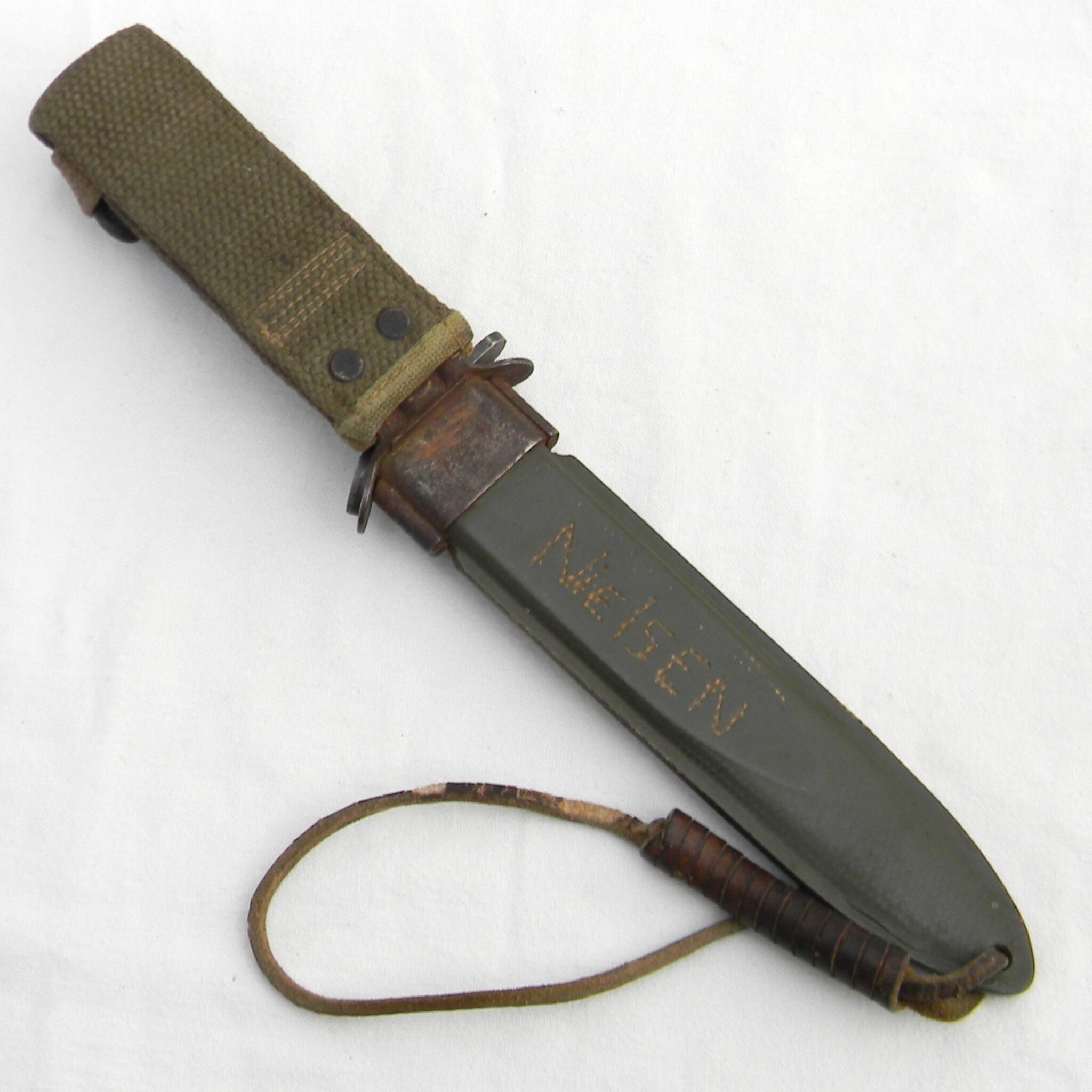 WW2 Utica M3 fighting knife blade-marked, signed M8 scabbard