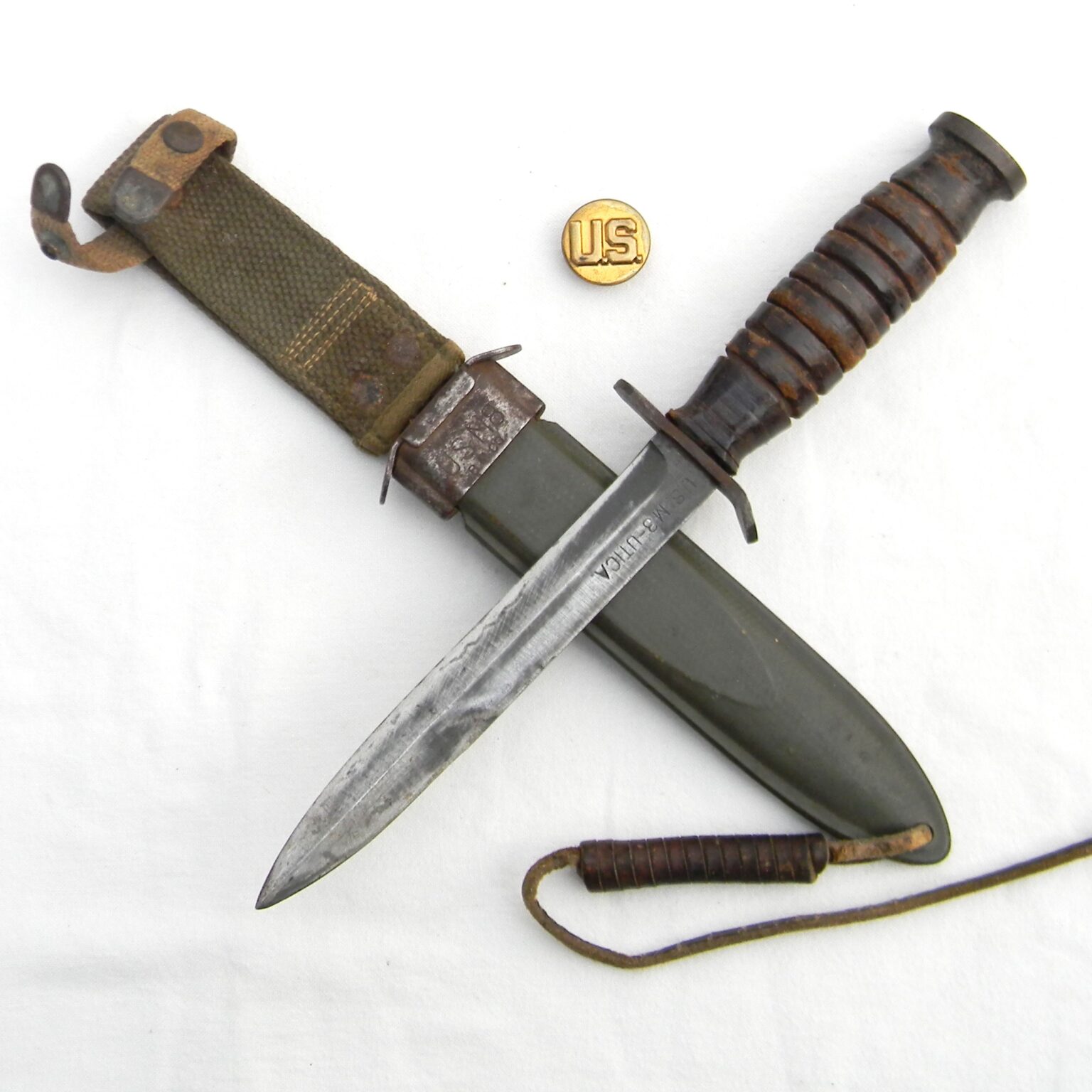 WW2 Utica M3 fighting knife blade-marked, signed M8 scabbard