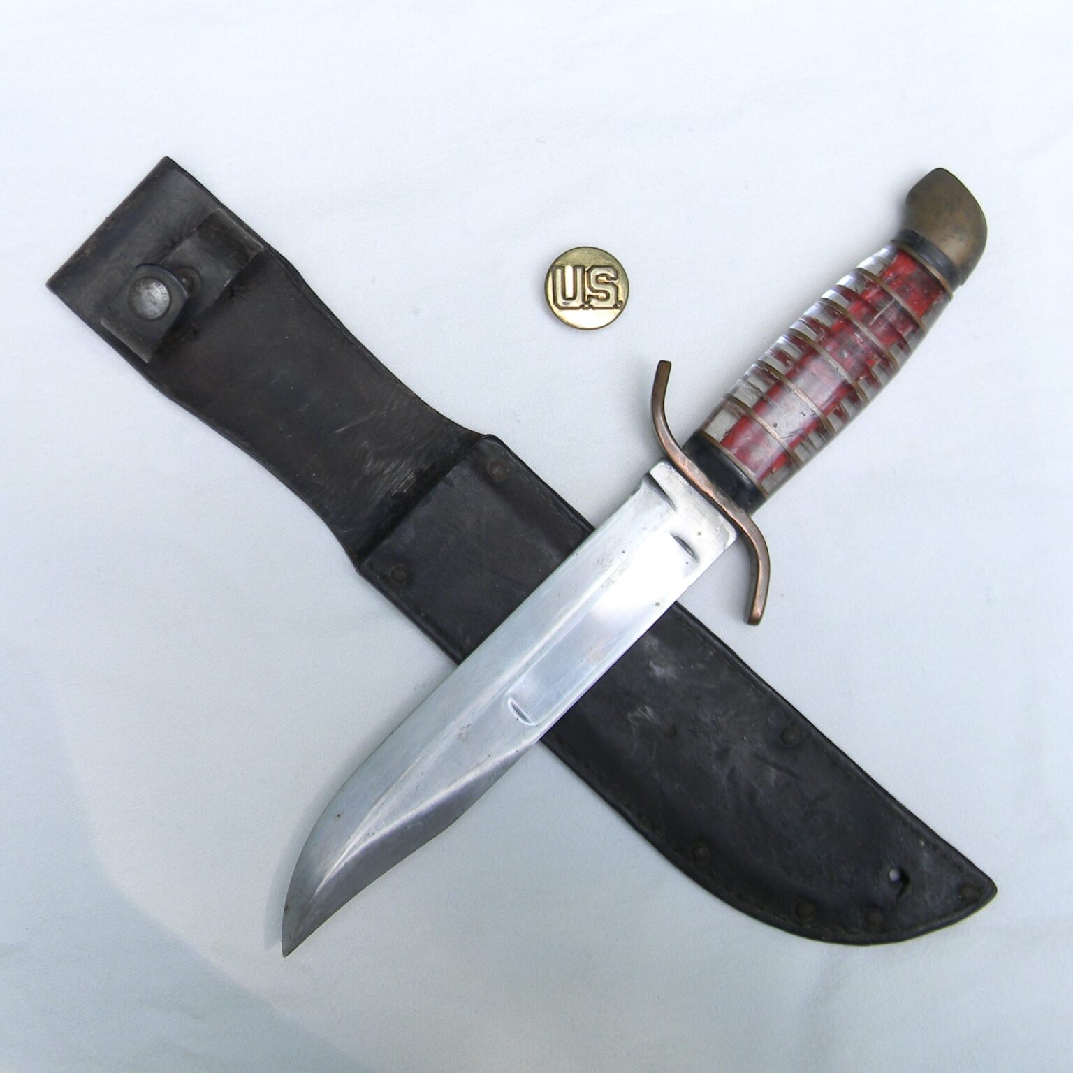 WW2 MK2 blade theater fighting knife, orig leather scabbard