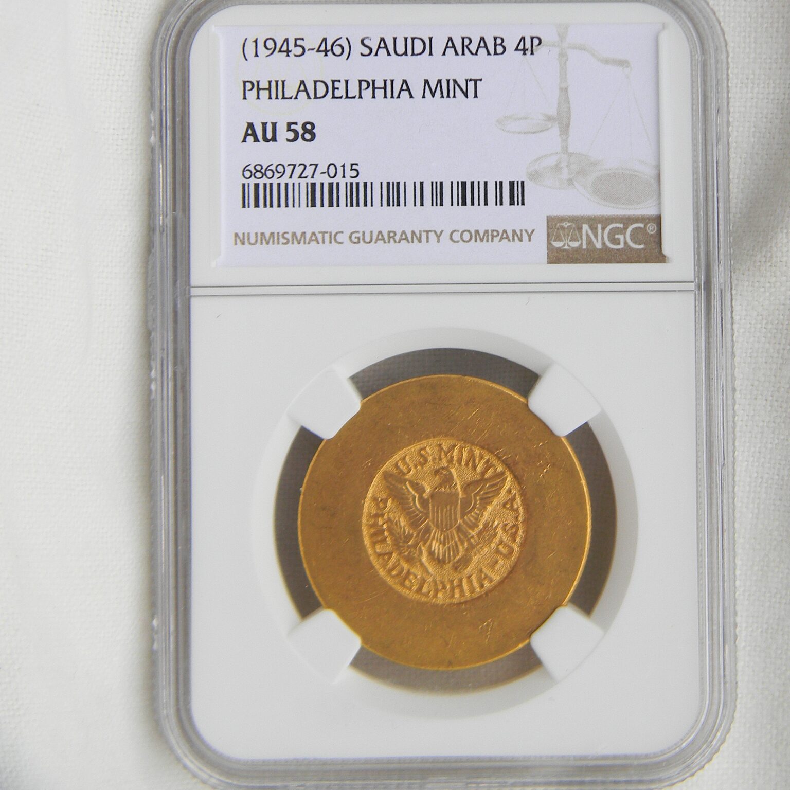 Saudi Arabia 1945-1946 gold 4 Pounds ARAMCO issue NGC AU58