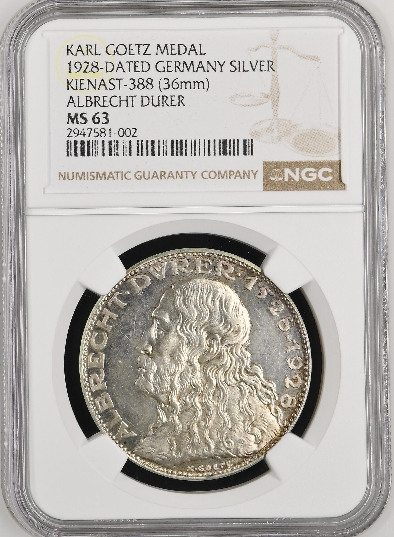 Germany 1928 Albrecht Durer silver medal Goetz K388 NGC MS63