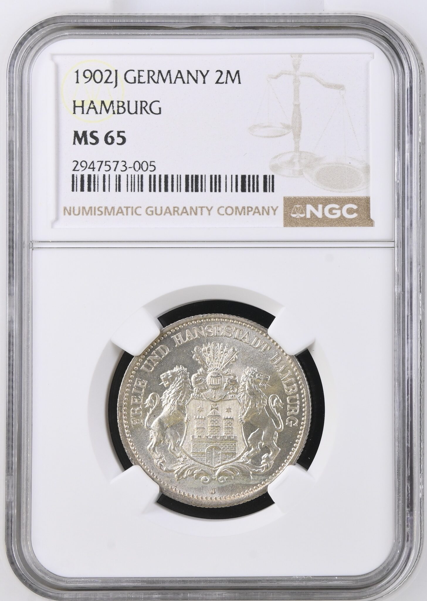 Germany Hamburg 1902J silver 2 Mark, attractive NGC MS65