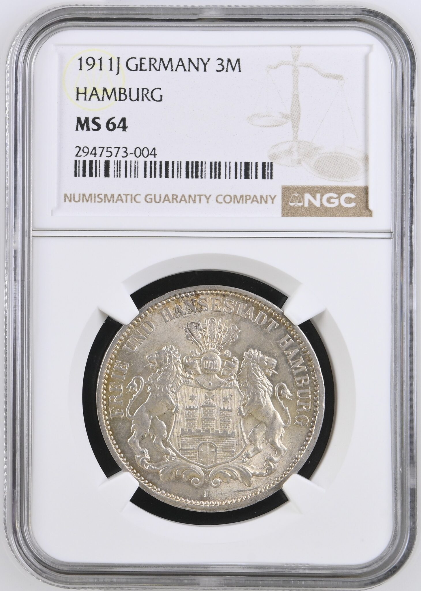 Germany Hamburg 1911J silver 3 Mark, attractive NGC MS64